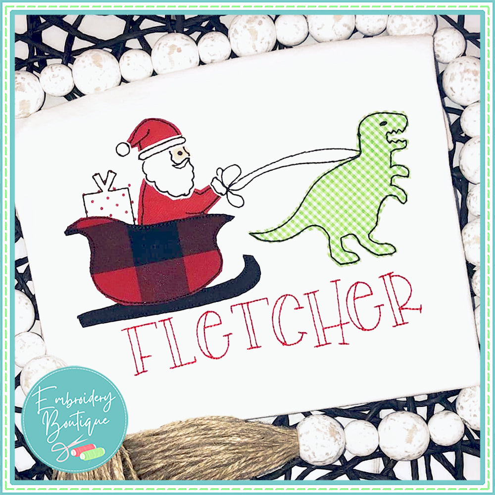 Santa T-Rex Sleigh Bean Stitch Applique | Embroidery Boutique