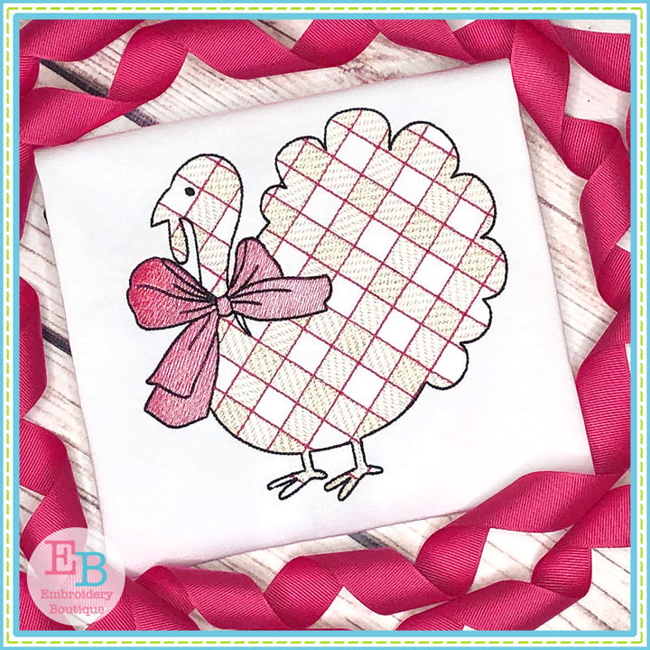 Turkey Big Bow Plaid Sketch Embroidery Design